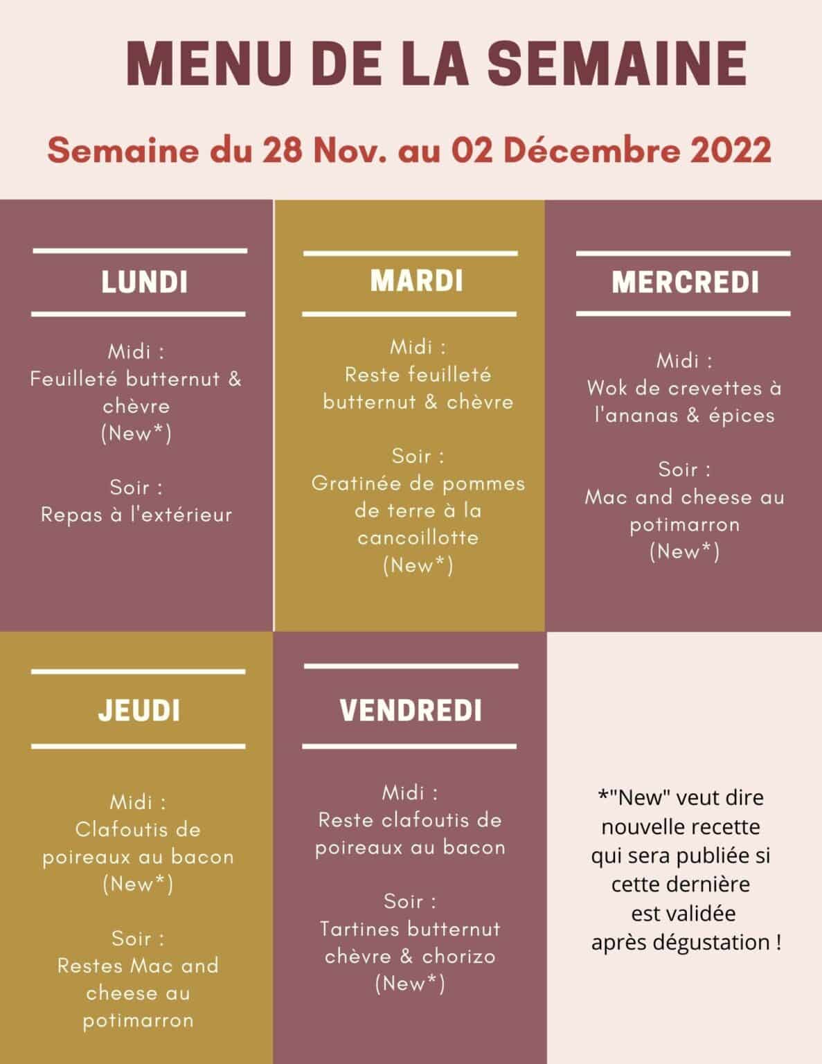 Menu de la semaine du 28 Novembre au 02 Décembre 2022 • Lolo et sa tambouille